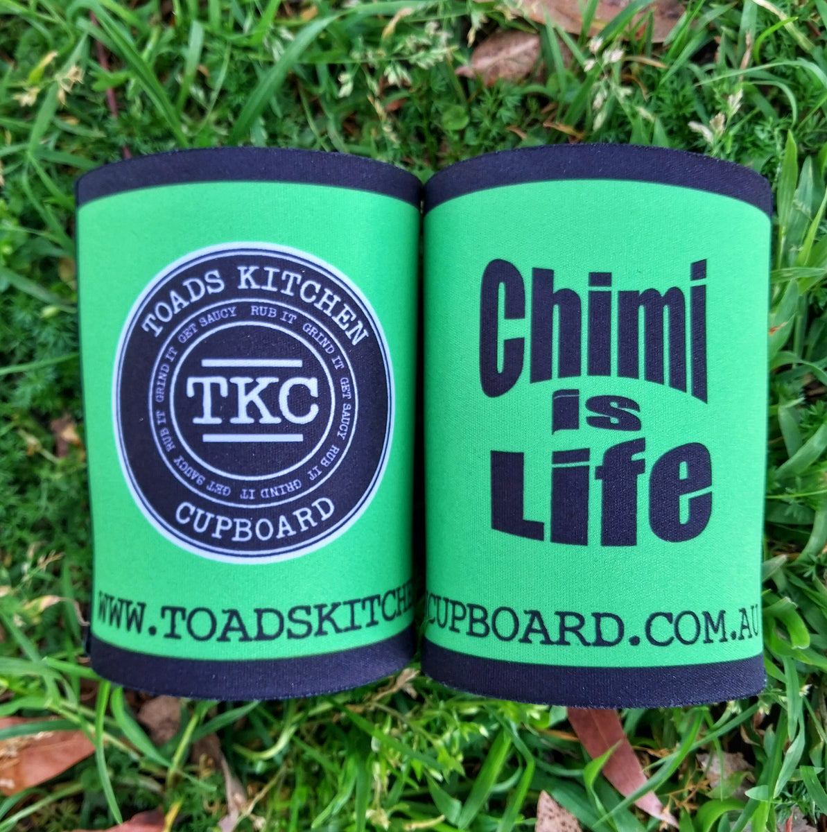Stubby Cooler "chimi is life" (bright green) – Toad's Kitchen Cupboard